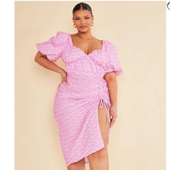 Dresses | Plt Plus Size Puff Sleeve Midi Pink Dress | Poshmark